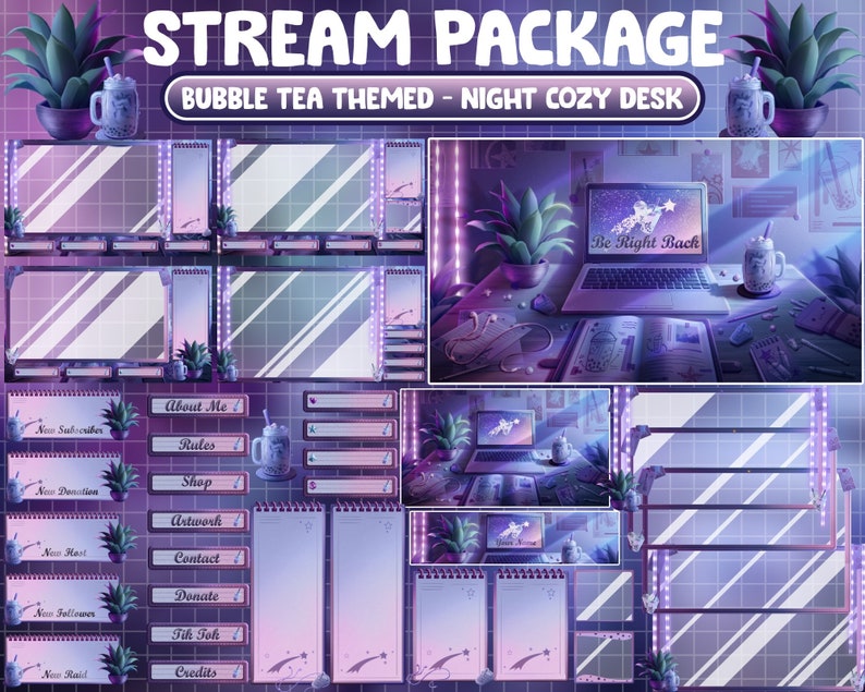Animated Twitch Stream Package Overlay / Blue Purple Boba Bubble Tea ...