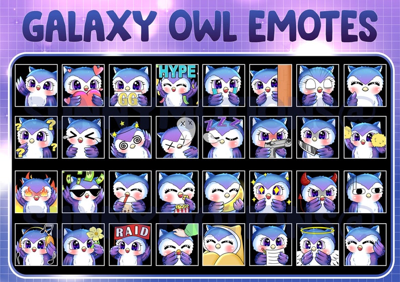 Cute Kawaii Galaxy Owl Twitch Discord Emotes / Kawai Bird Emoji ...