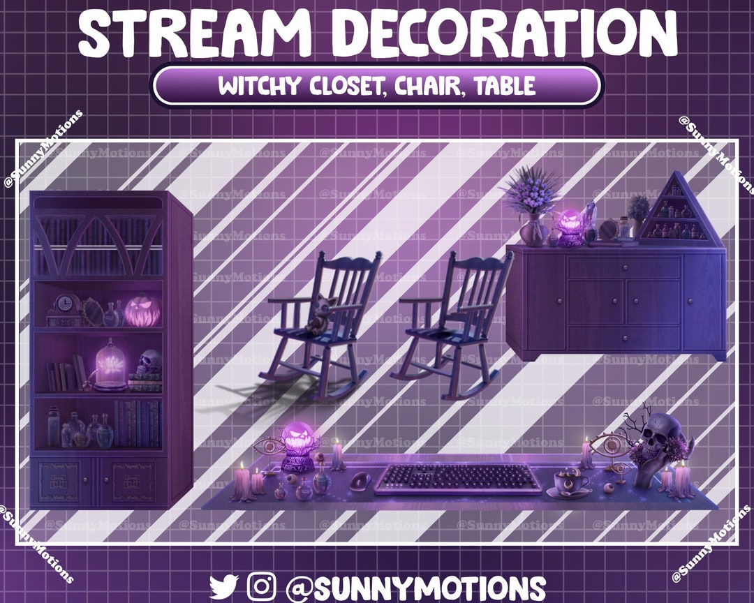 5x Animated Stream Decoration: Wood Closet, Purple Witchy Table ...
