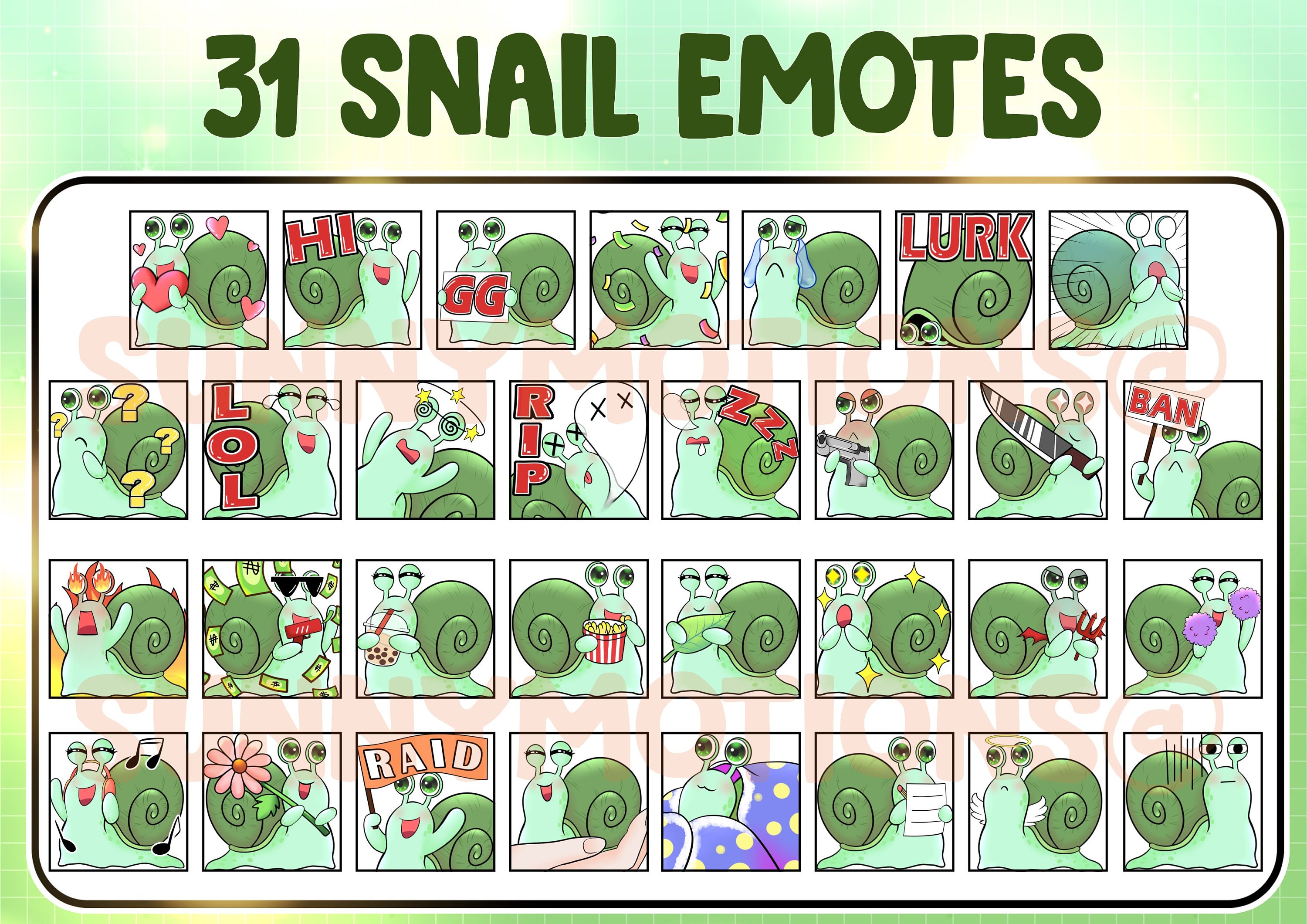 Twitch Discord Emotes Cute Green Snail / Kawai Chibi Emoji / Garden ...