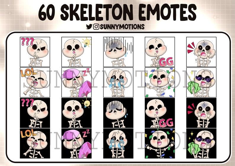 60 Cute Skeleton Twitch Emotes Bundle, Discord, Streamer, Kawai Funny ...