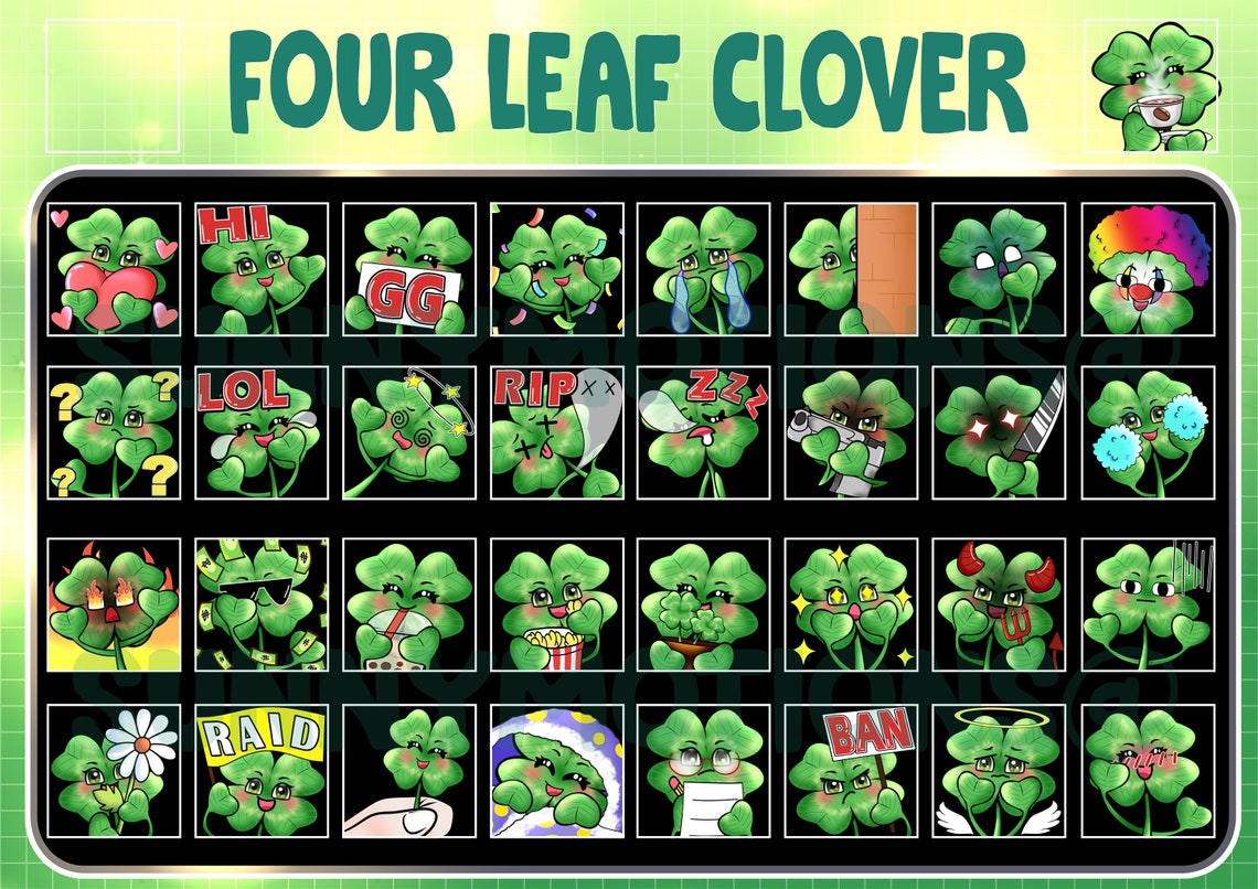 33 Twitch Discord Emotes Cute Four Leaf Clover / Kawai Green Plant ...