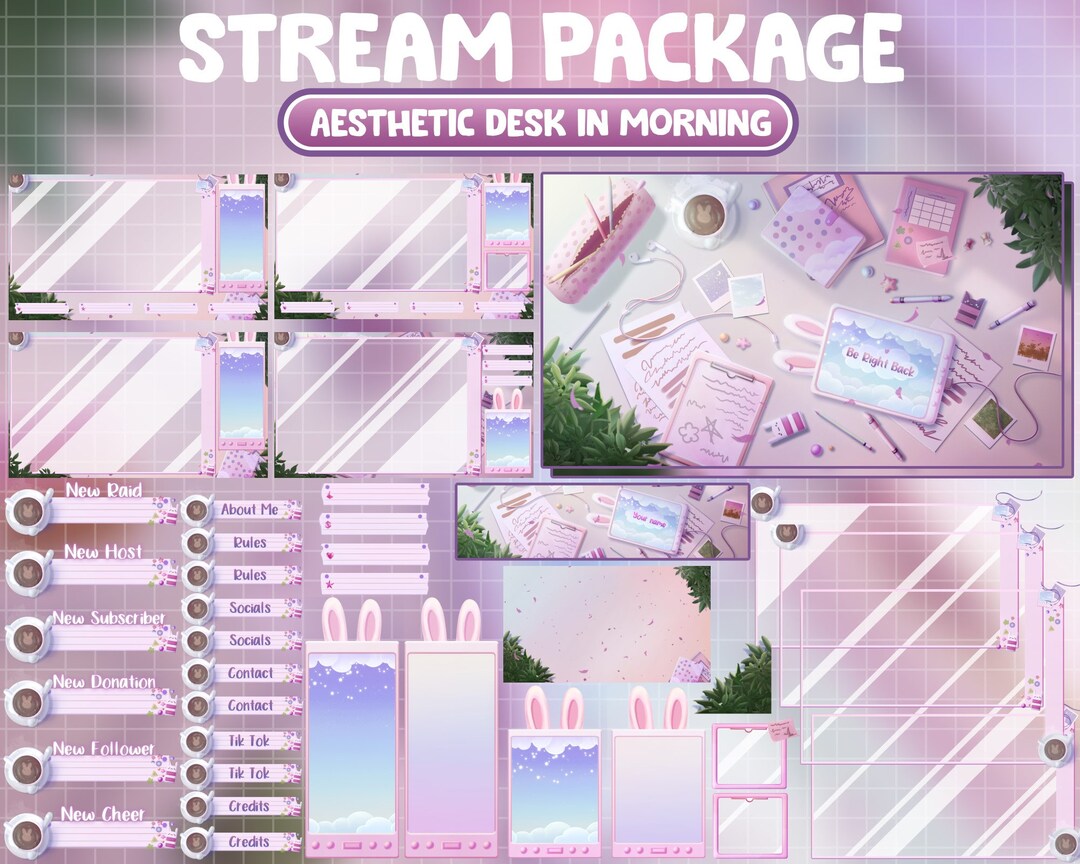 Animated Twitch Stream Package Overlay / Pink Retro Lofi Desk Morning ...