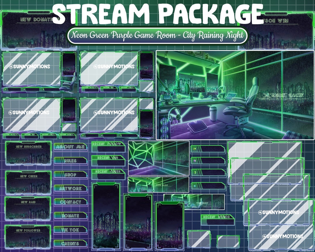 Animated Twitch Stream Package Overlay Cyberpunk Futuristic Neon Green
