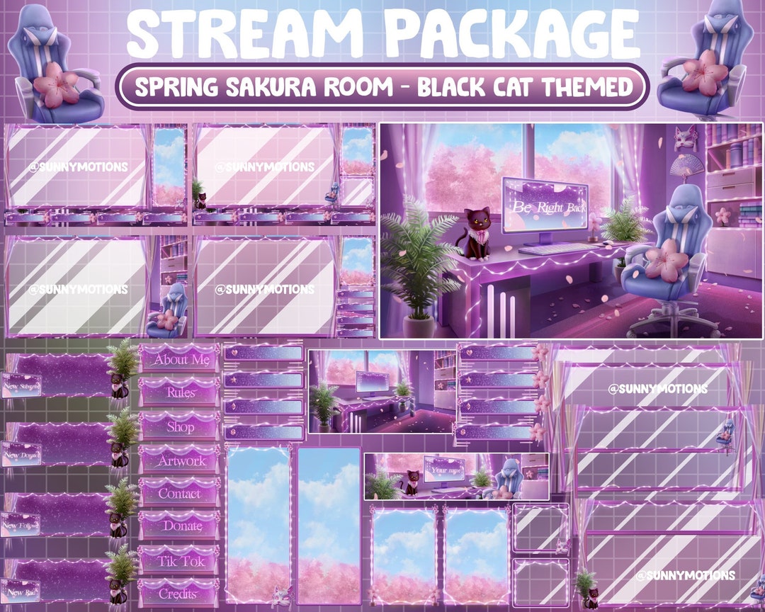ANIMATED Twitch Overlay Stream Package: Pink Spring Sakura Room, Fox ...
