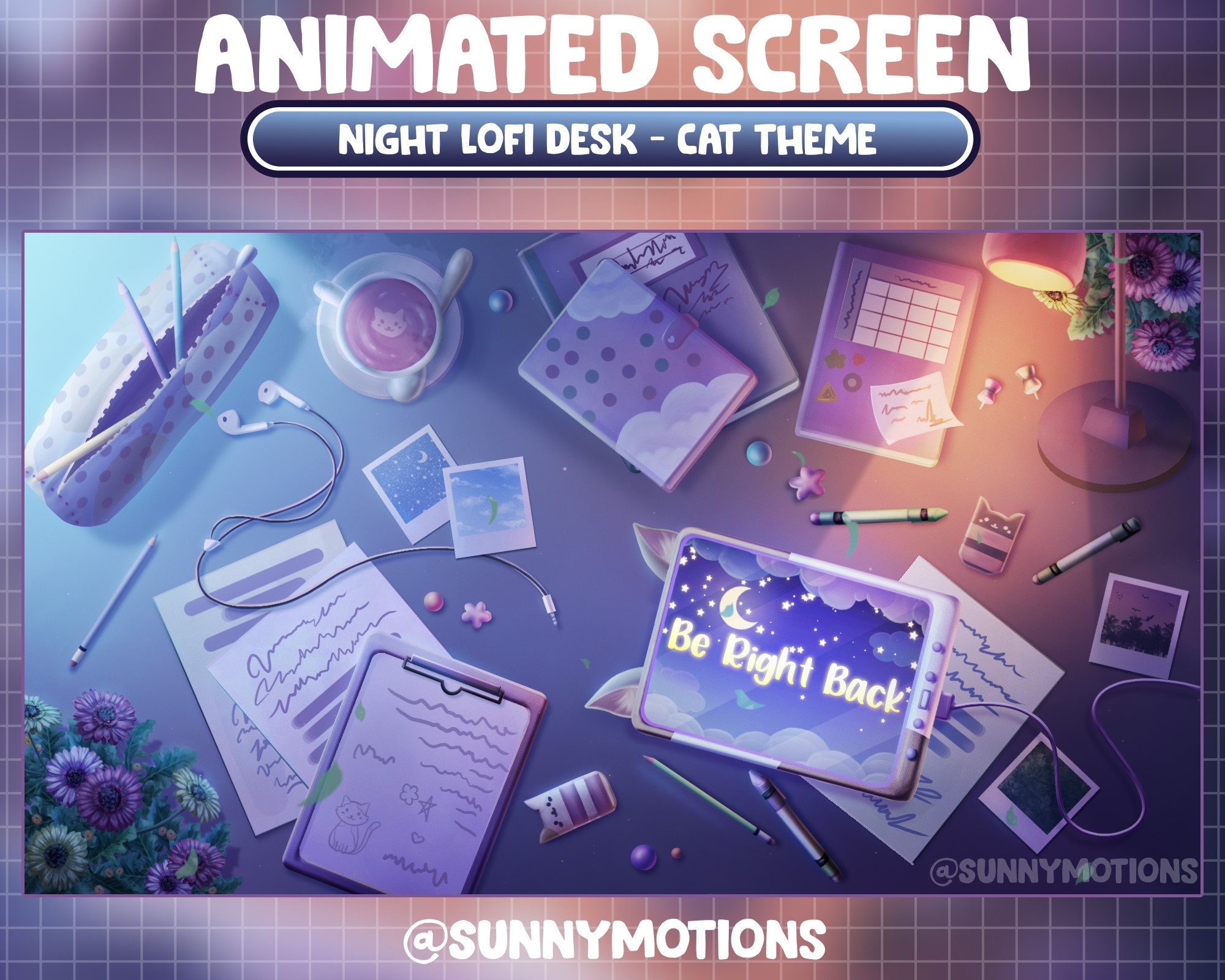 Animated Twitch Stream Package Overlay / Retro Lofi Desk Night / Cozy ...
