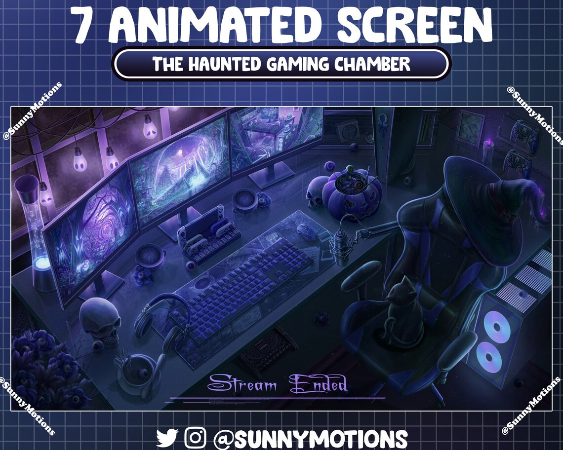 Animated Purple Blue Haunted Gaming Room Console Set up Twitch Screen ...