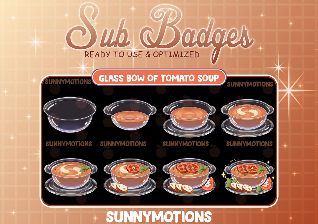 8x Kawaii Glass Bow of Creamy Tomato Soup Twitch Sub Bit Badges / Cute ...