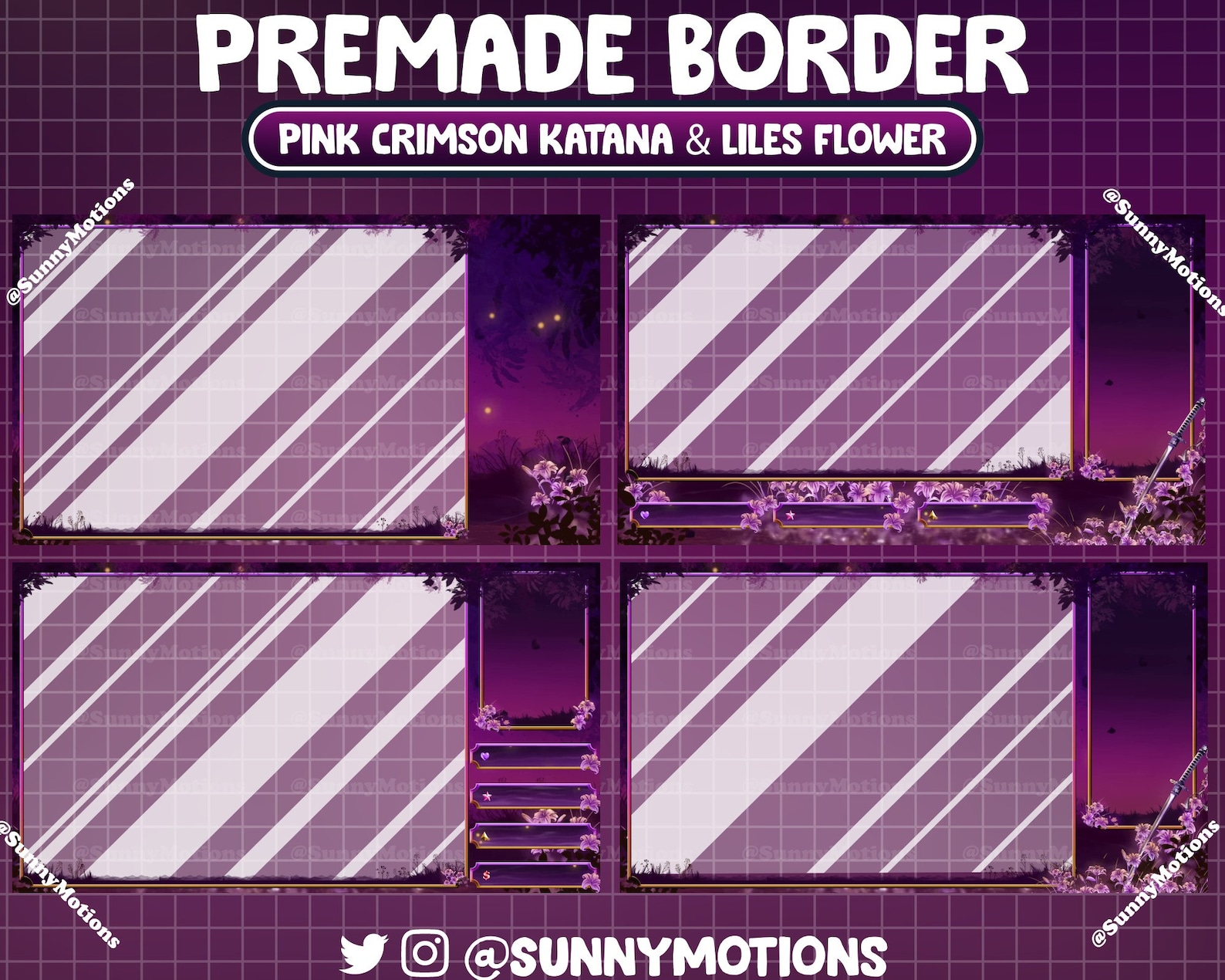 ANIMATED Twitch Overlay Stream Package: Pink Yellow Katana & Lilies ...
