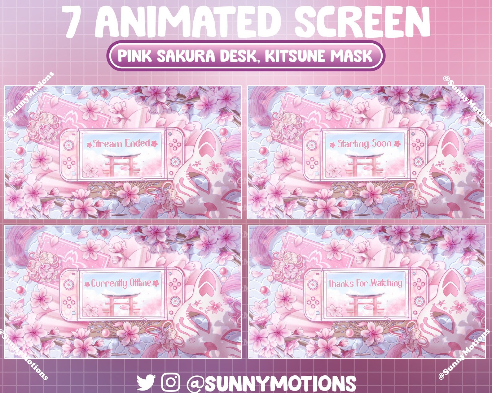 7 Animated Pink Sakura Desk Twitch Screen Overlay, Kitsune Mask ...