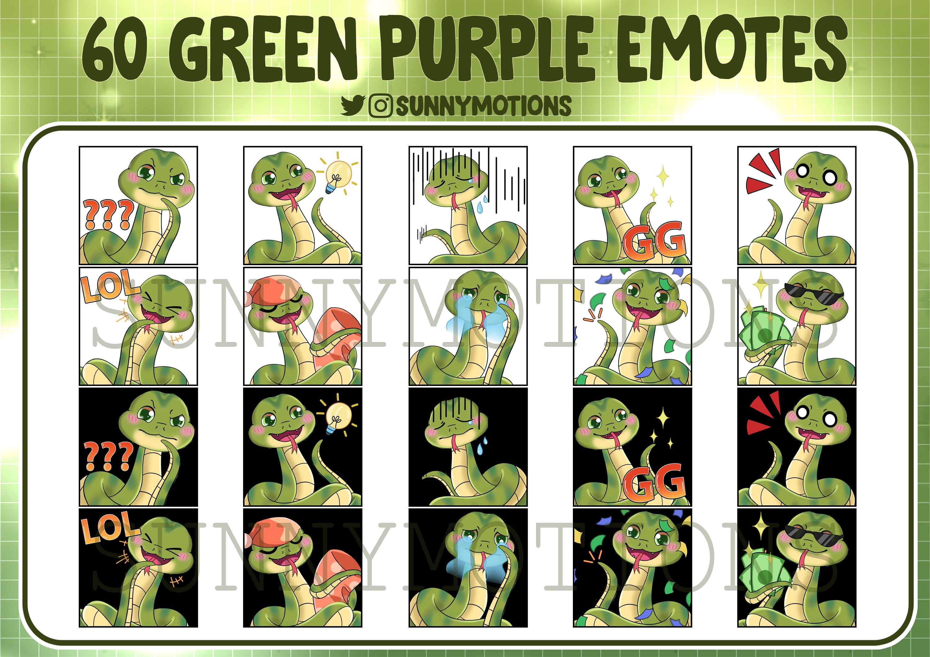 60x Cute Green Snake Twitch Emotes Bundle, Discord, Kawaii Snakes ...