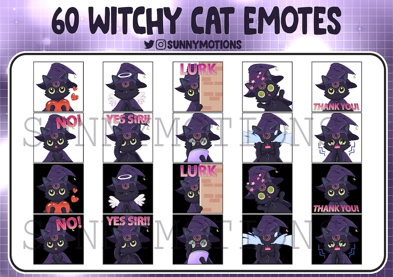 60x Cute Purple Witchy Cat Twitch Emotes Bundle, Discord, Streamer ...