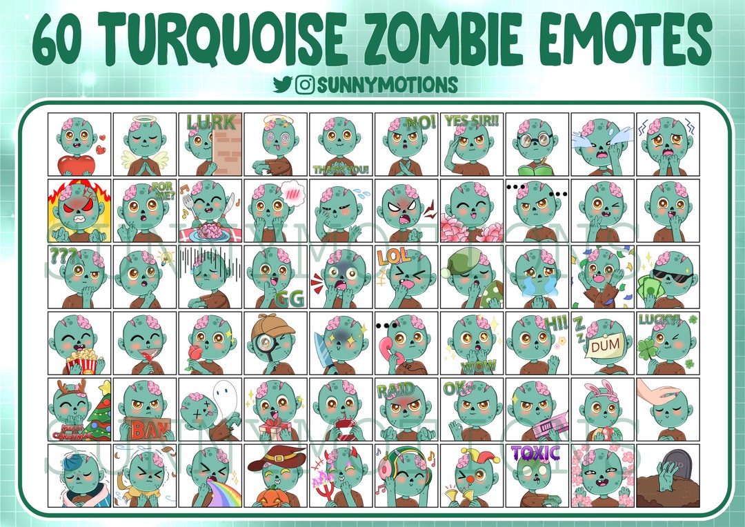 60x Cute Turquoise Zombie Twitch Emotes, Streamer, Kawai Halloween ...