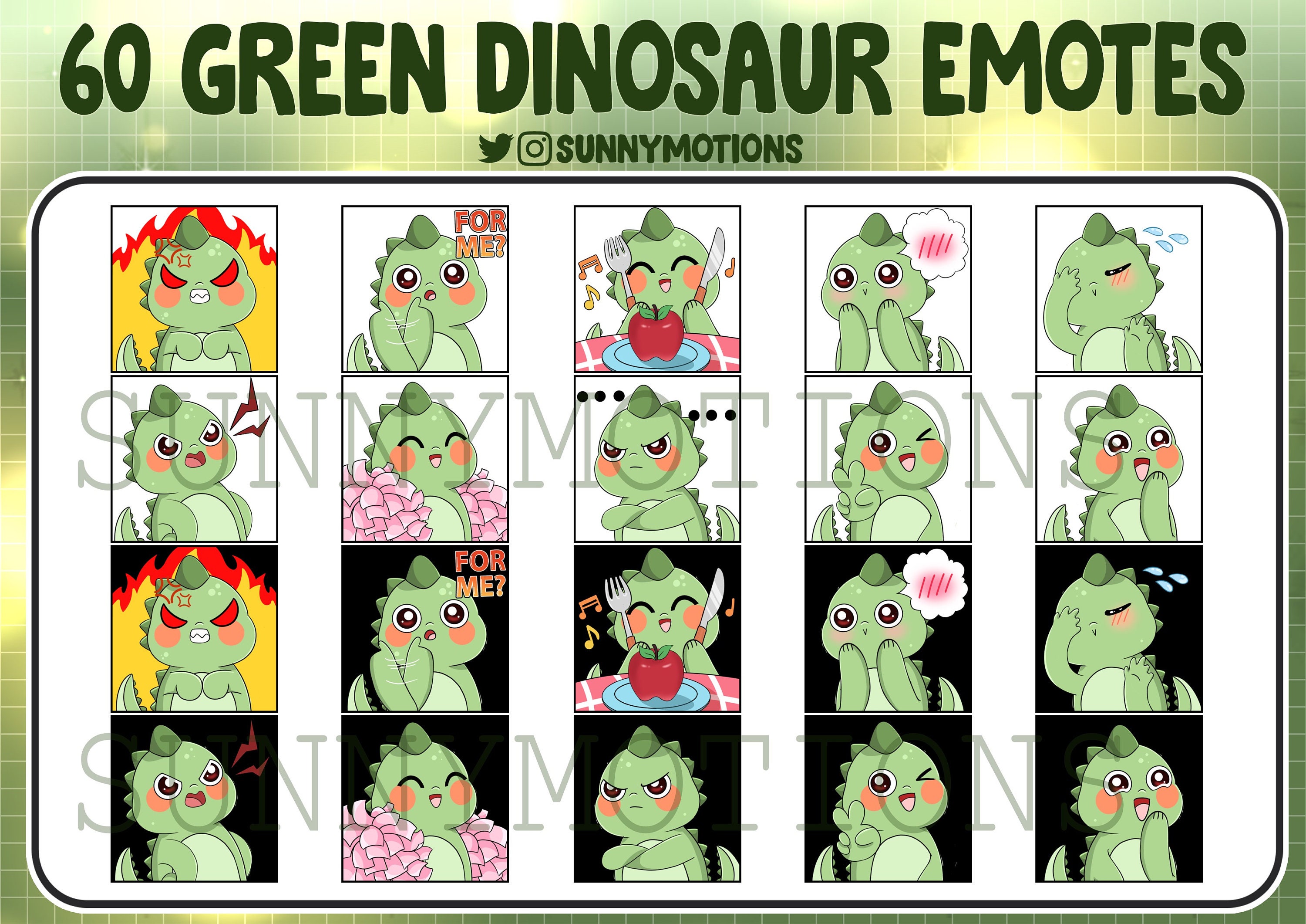 60x Cute Chibi Green Dinosaur Twitch Emotes, Discord, Streamer, Kawai ...