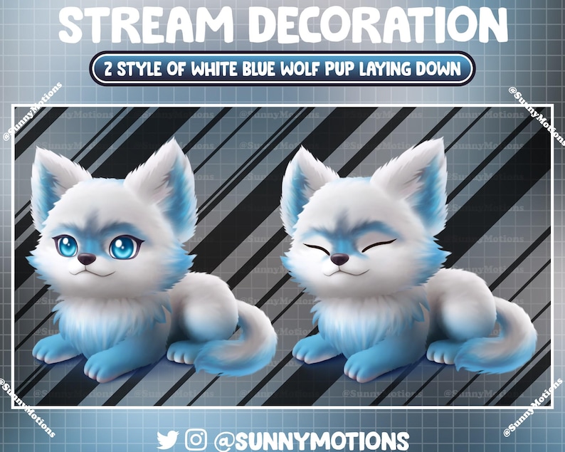 Animated Stream Decoration: Aesthetic White Blue Wolf Pup Laying, Snow ...