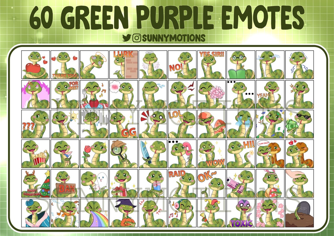 60x Cute Green Snake Twitch Emotes Bundle, Discord, Kawaii Snakes ...