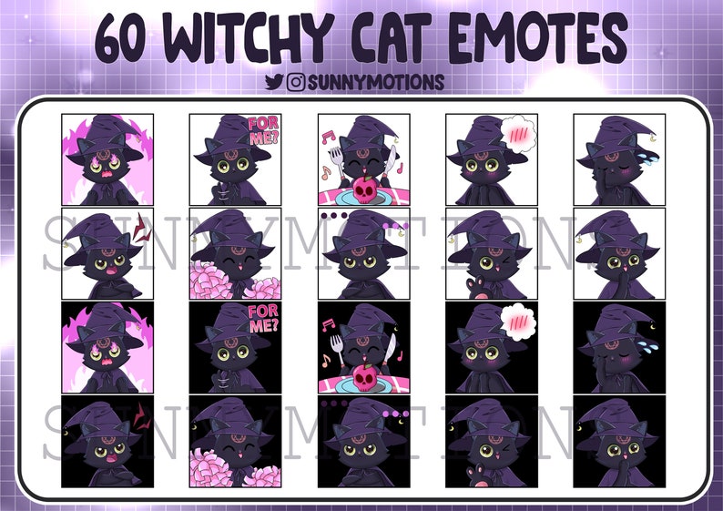 60x Cute Purple Witchy Cat Twitch Emotes Bundle, Discord, Streamer ...