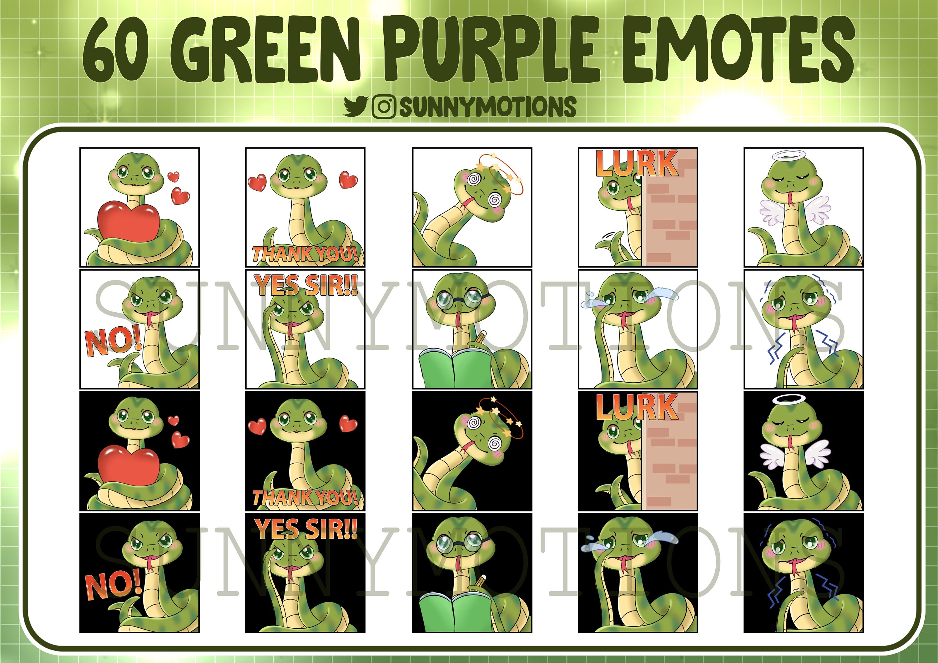60x Cute Green Snake Twitch Emotes Bundle, Discord, Kawaii Snakes ...