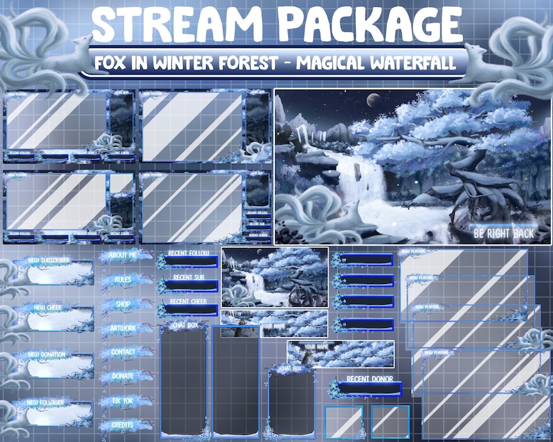 ANIMATED Twitch Stream Overlay Package / Magical Waterfall in Blue ...