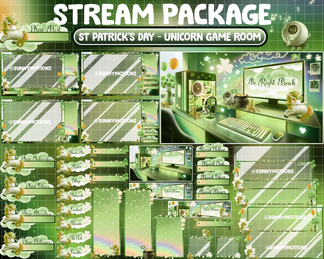 ANIMATED Twitch Overlay Stream Package: Aesthetic Green Orange Unicorn ...