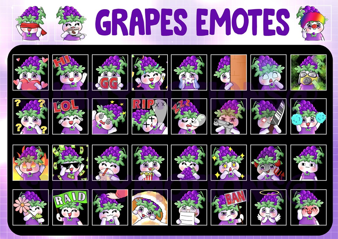 35 Cute Chibi Kawaii Grapes Twitch Discord Mixer Youtube Emotes / Emoji ...