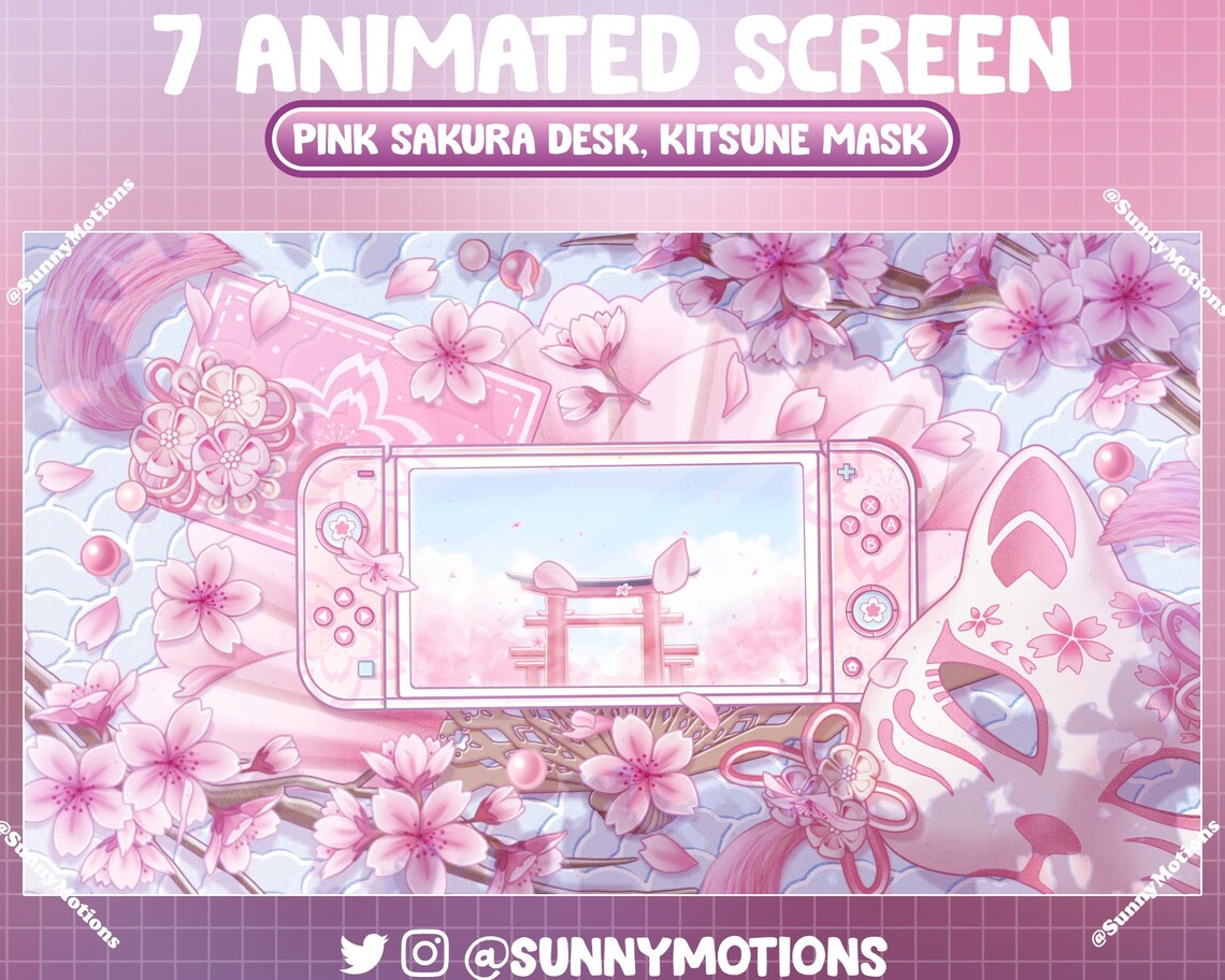 7 Animated Pink Sakura Desk Twitch Screen Overlay, Kitsune Mask ...