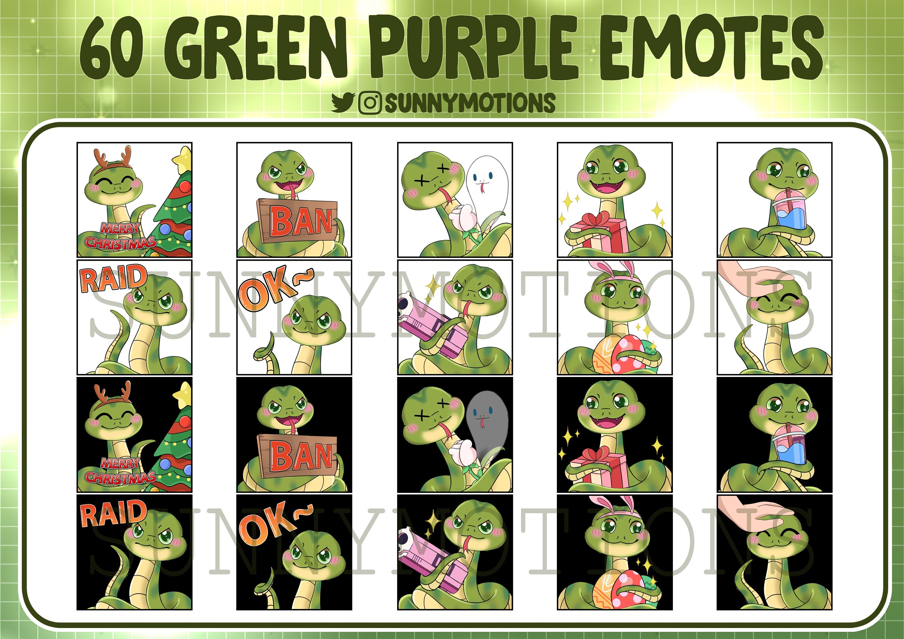 60x Cute Green Snake Twitch Emotes Bundle, Discord, Kawaii Snakes ...