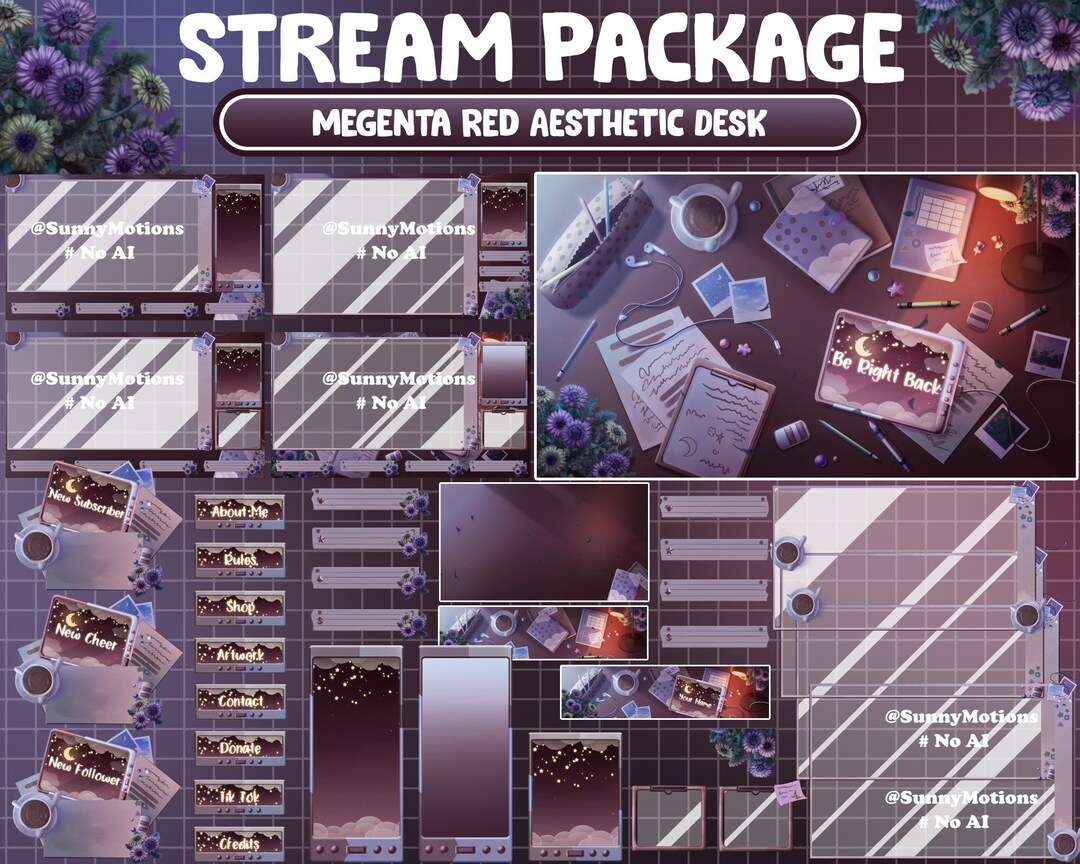 Animated Twitch Stream Package Overlay: Retro Lo-fi Magenta Red Desk ...