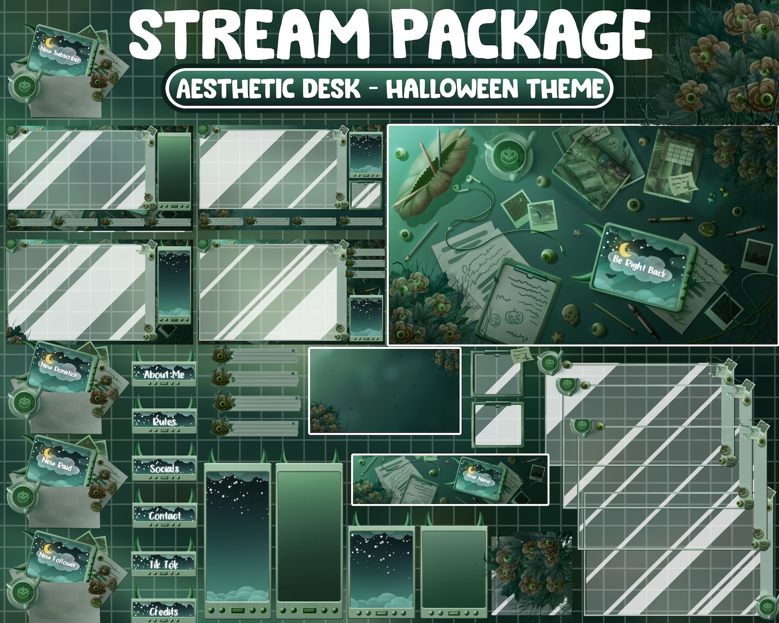 Animated Twitch Stream Package Overlay / Green Lofi Desk Night / Cozy ...