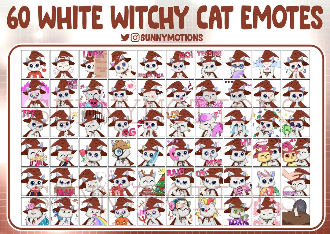 60x Cute White Witchy Cat Twitch Emotes Bundle, Discord, Streamer ...