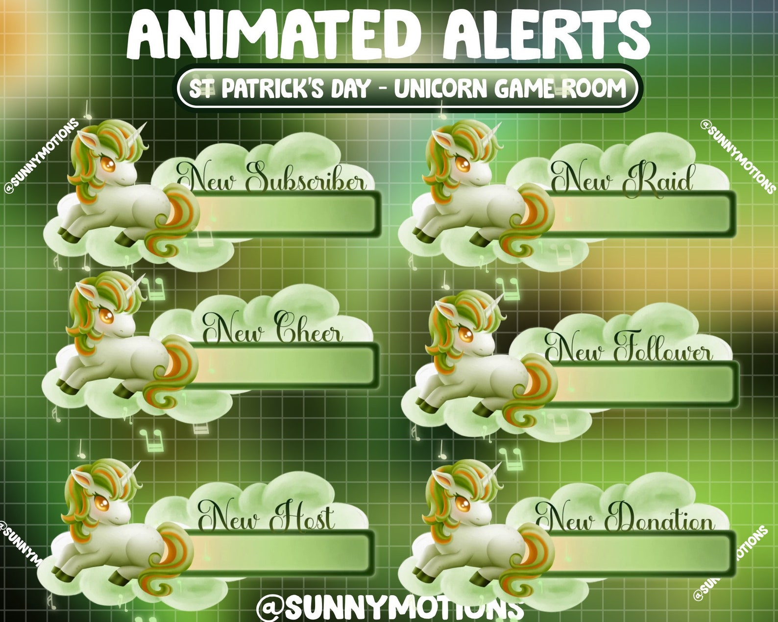 ANIMATED Twitch Overlay Stream Package: Aesthetic Green Orange Unicorn ...