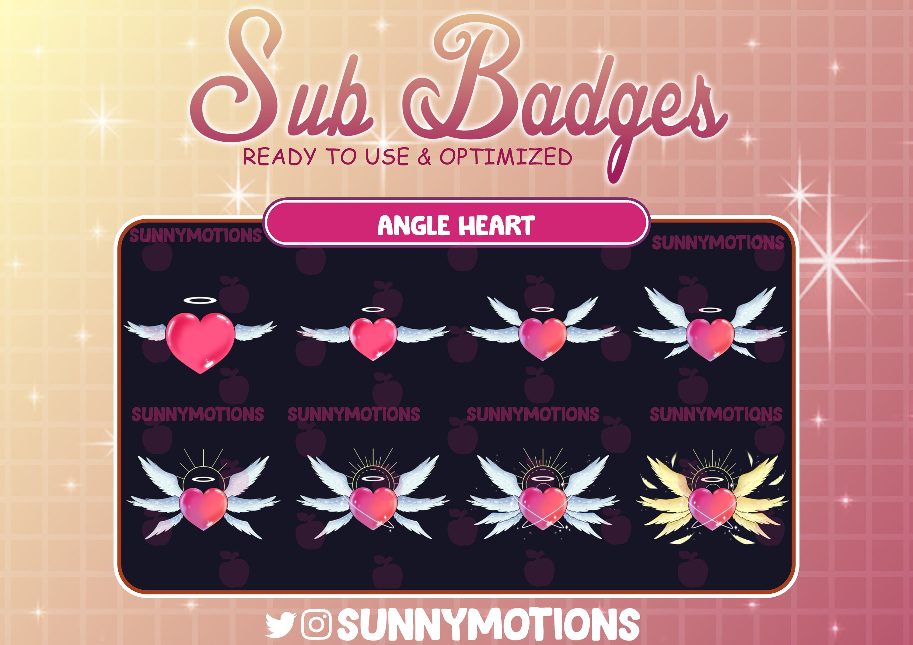 8x Angle Hearts Twitch Sub Bit Badges / Pastel Kawaii Wings / Pink ...