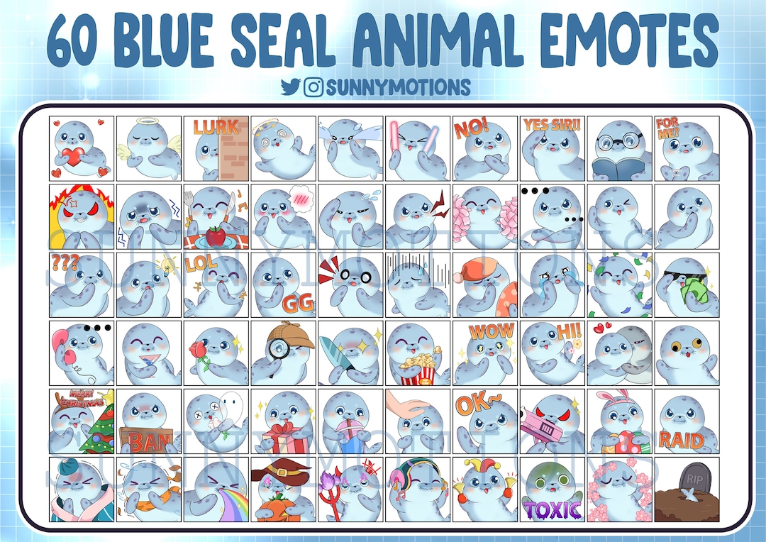 60 Cute Blue Seal Sea Animal Twitch Emotes Bundle, Discord, Streamer ...