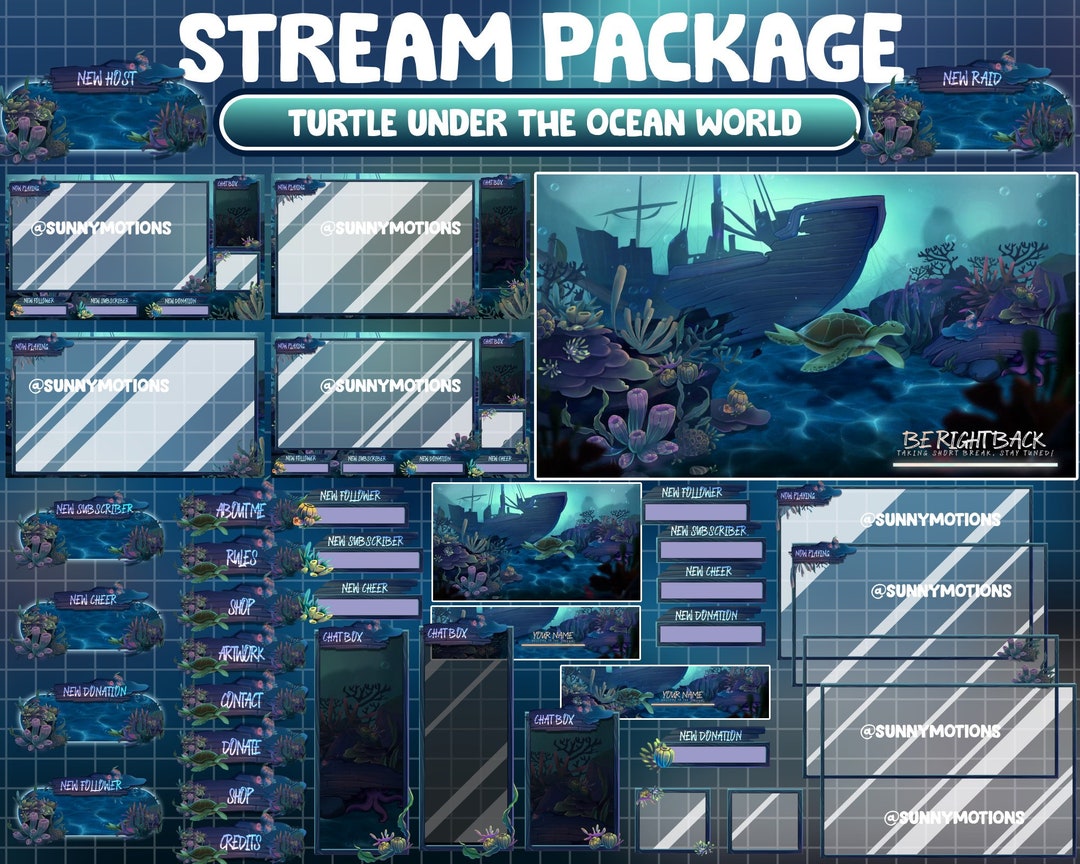 FULL ANIMATED Twitch Stream Package / Magic Green Turtle Under Ocean ...