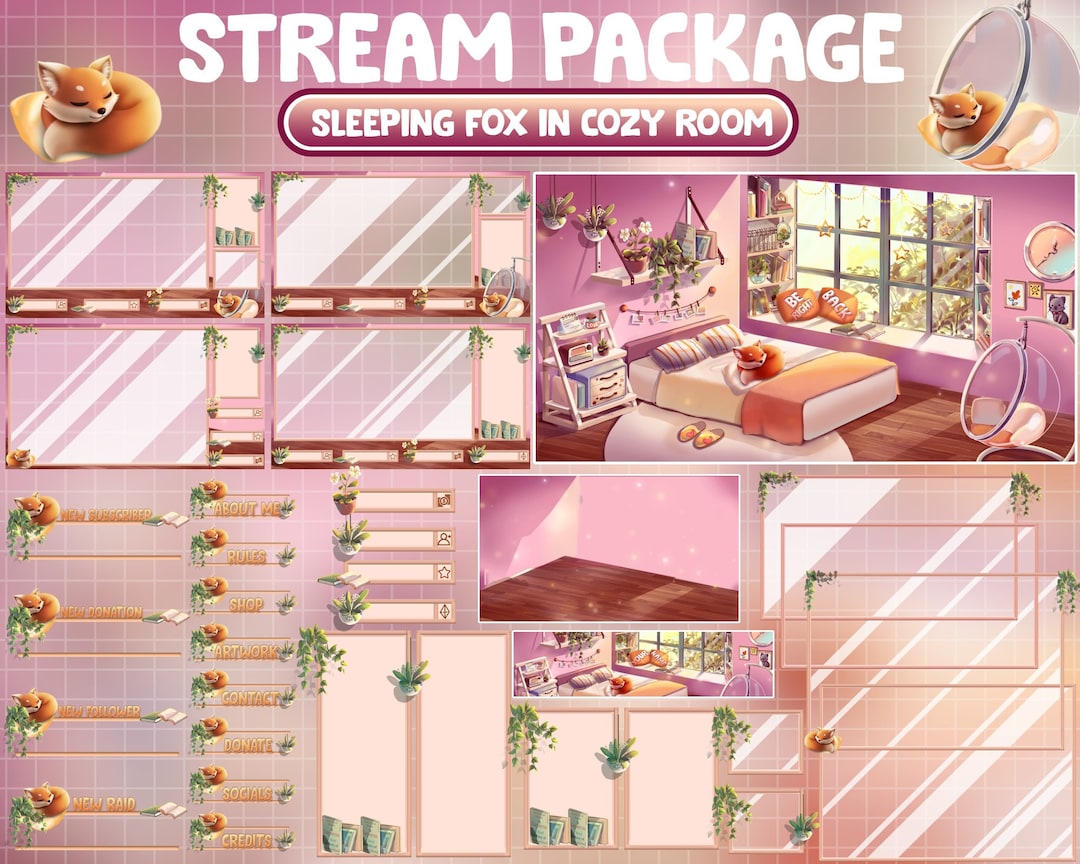 FULL ANIMATED Twitch Stream Package / Love Cozy Bedroom With Orange Fox ...