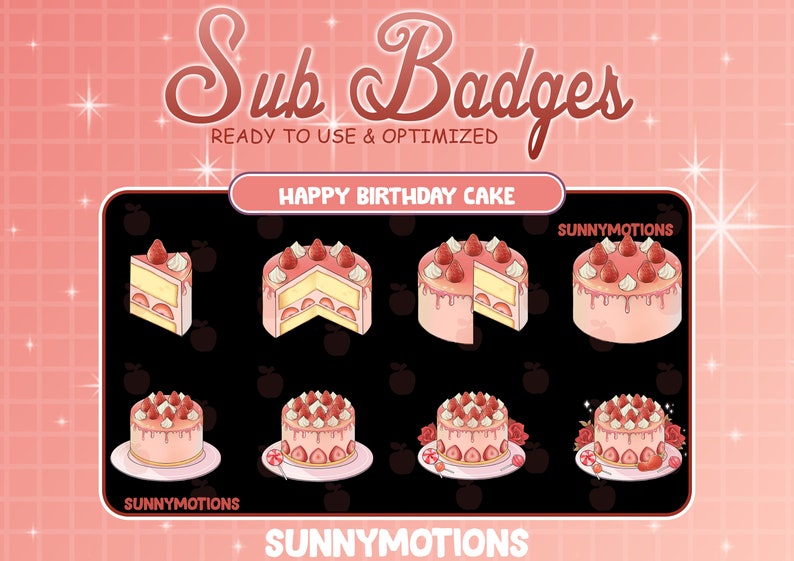 8 Happy Birthday Strawberry Cake Twitch Sub Bit Badges / - Etsy