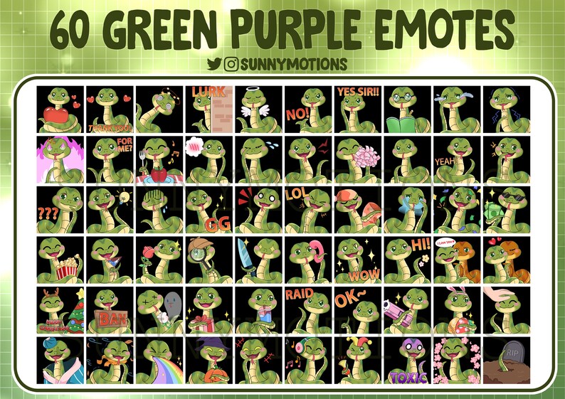 60x Cute Green Snake Twitch Emotes Bundle, Discord, Kawaii Snakes ...