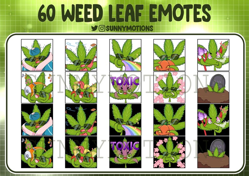 Cute Green Weed Leaf Twitch Emotes, Discord, Streamer, Kawai Marijuana ...