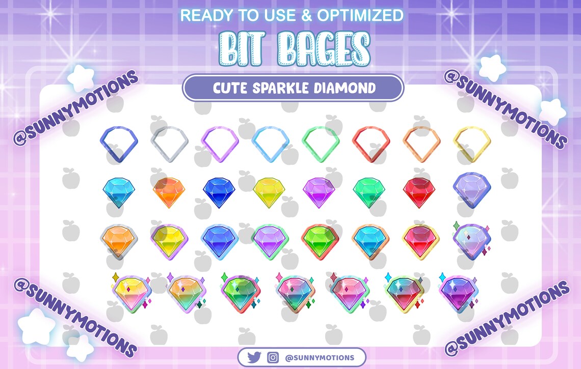 31 Cute Sparkle Crystal Diamond Gem Twitch Sub Bit Badges, Kawaii ...
