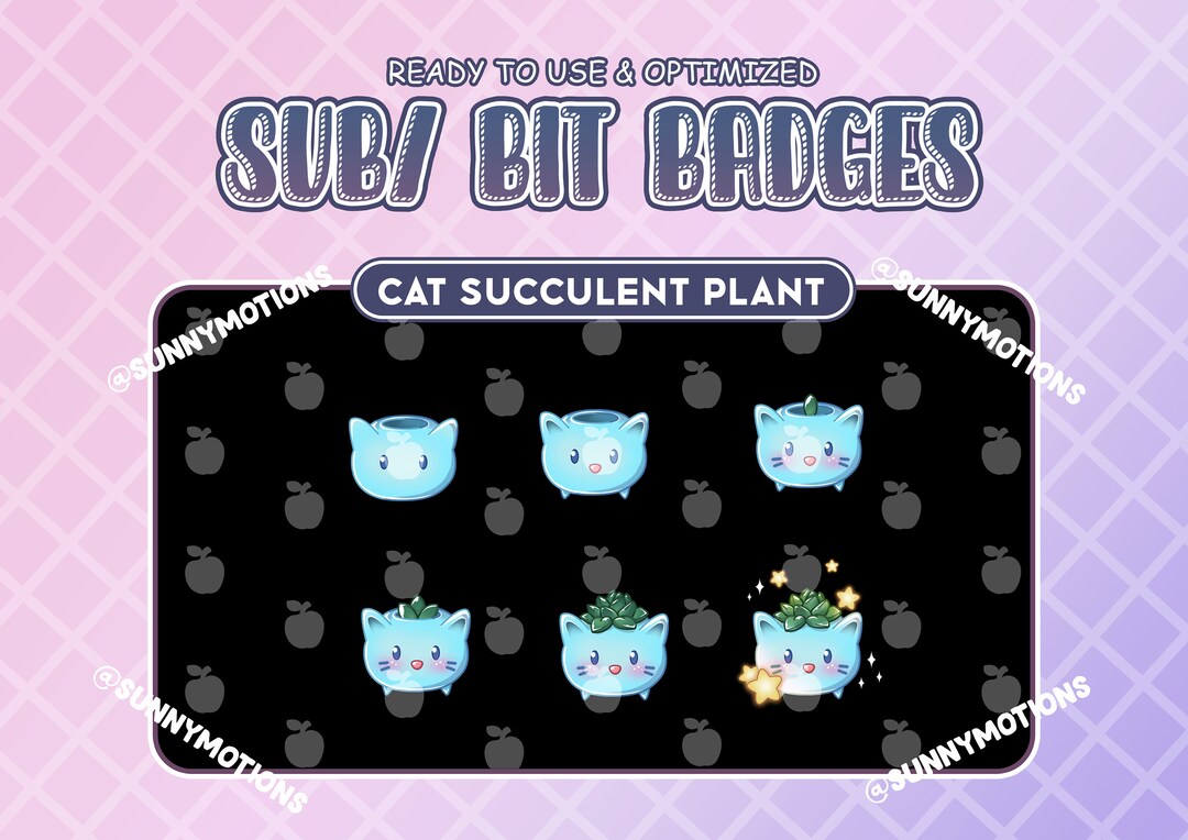 6 Light Blue Cat Succulent Planter Twitch Sub Bit Badges / Cute Kitty ...