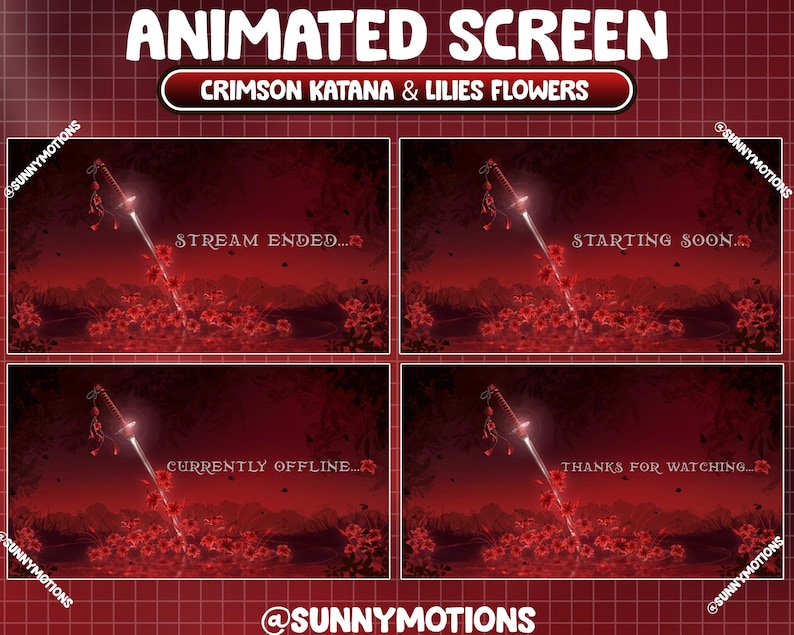 ANIMATED Twitch Overlay Stream Package: Crimson Katana & Lilies Flowers ...