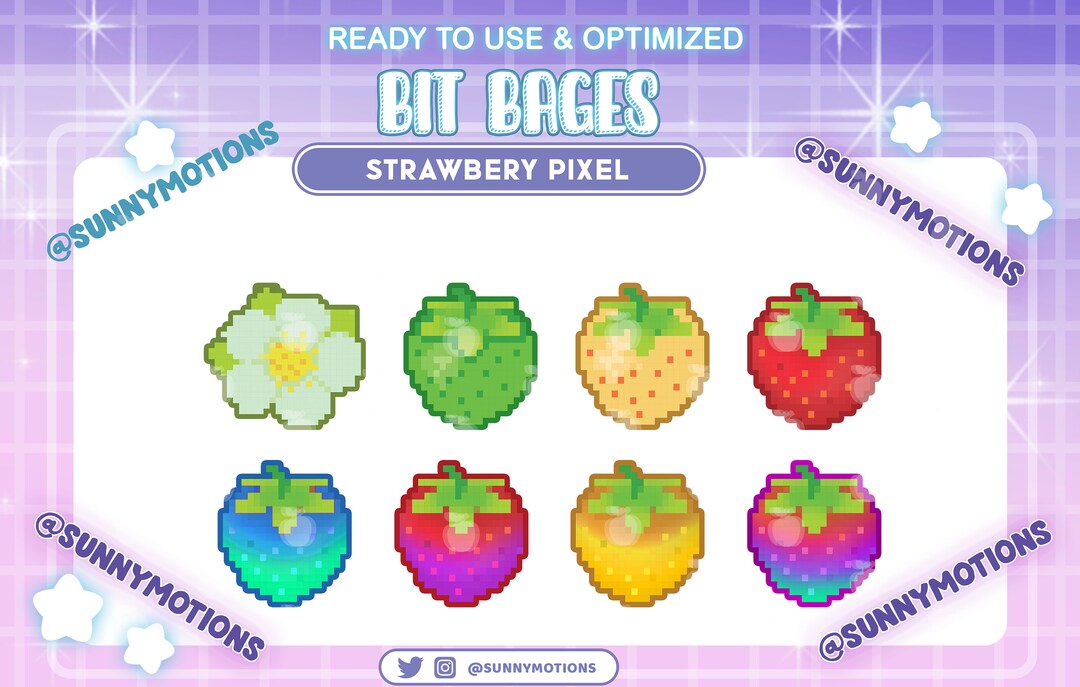 8x Cute Pixel Strawberry Sub Bit Badges, Blossom Flower Fruit Twitch ...