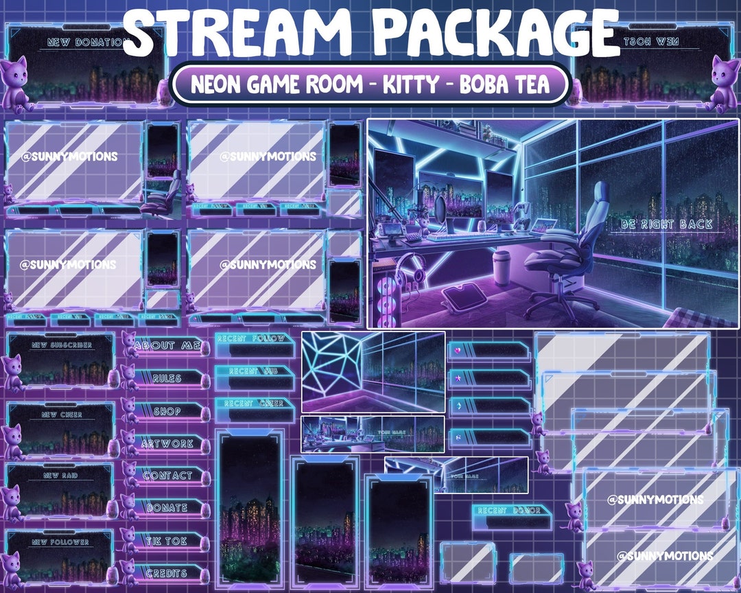 Animated Twitch Stream Package Overlay: Purple Cat, Boba Tea in ...