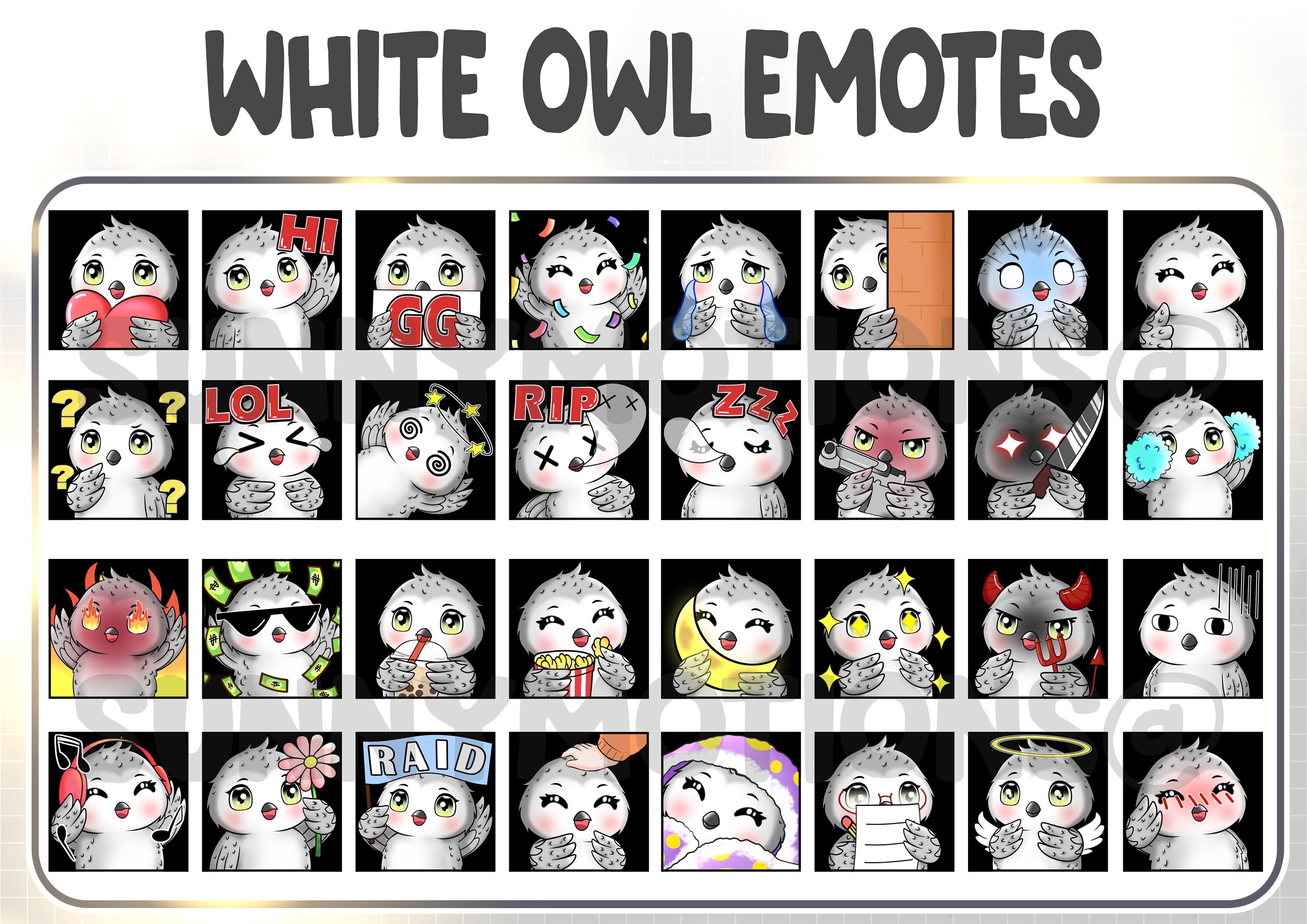 32 Cute Kawaii White Owl Without Ear Twitch Discord Emotes / Kawai Bird ...