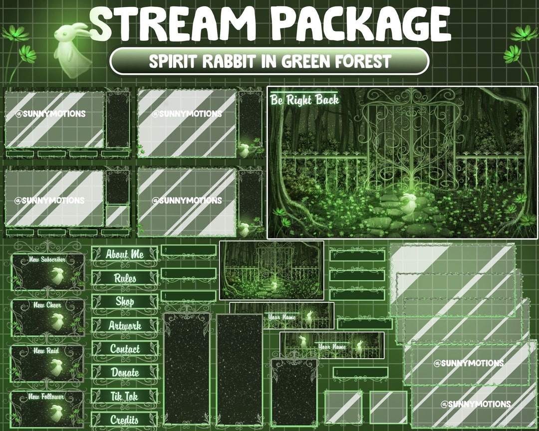 Animated Stream Package Twitch Overlay: Spirit Green Bunny in Magical ...