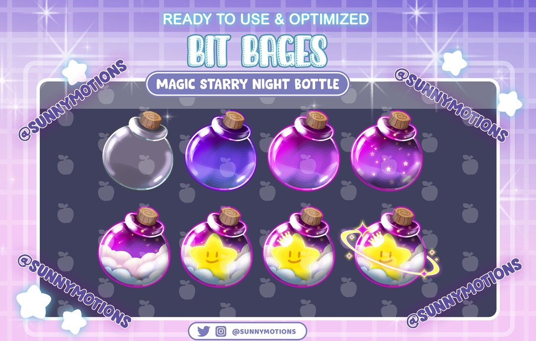 8 Starry Night in the Sky Magic Bottle Twitch Sub Bit Badges, Smile Yellow Star Cloud Stream ...