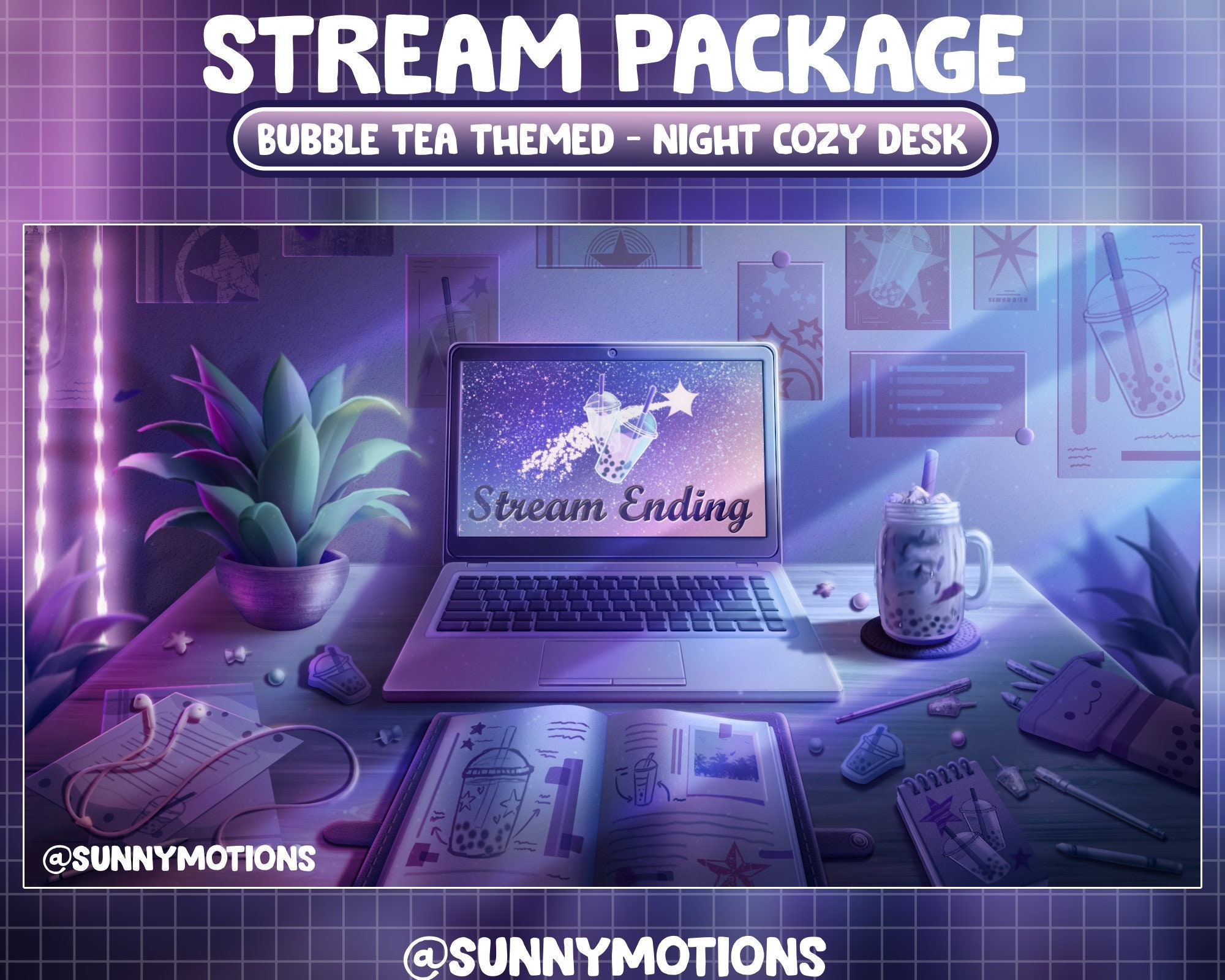 Animated Twitch Stream Package Overlay / Blue Purple Boba Bubble Tea ...