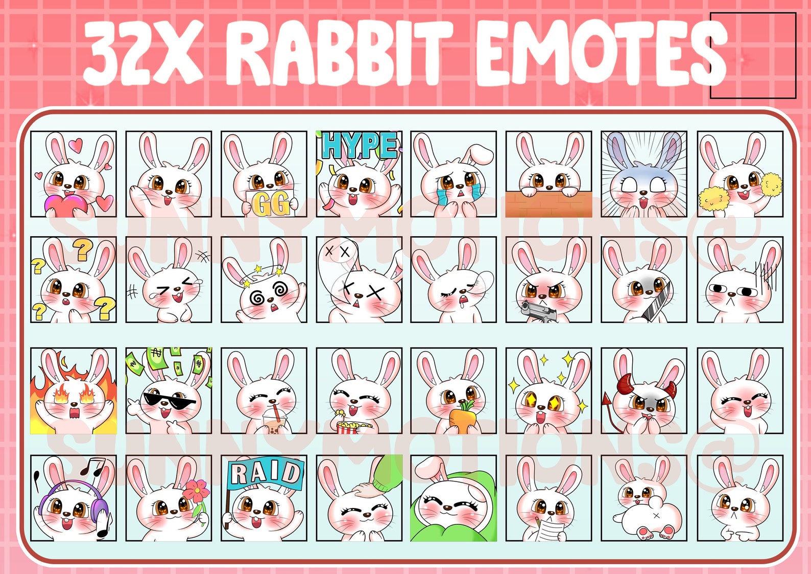 32 Cute Kawaii Rabbit Twitch Discord Emotes / Kawai Animal - Etsy