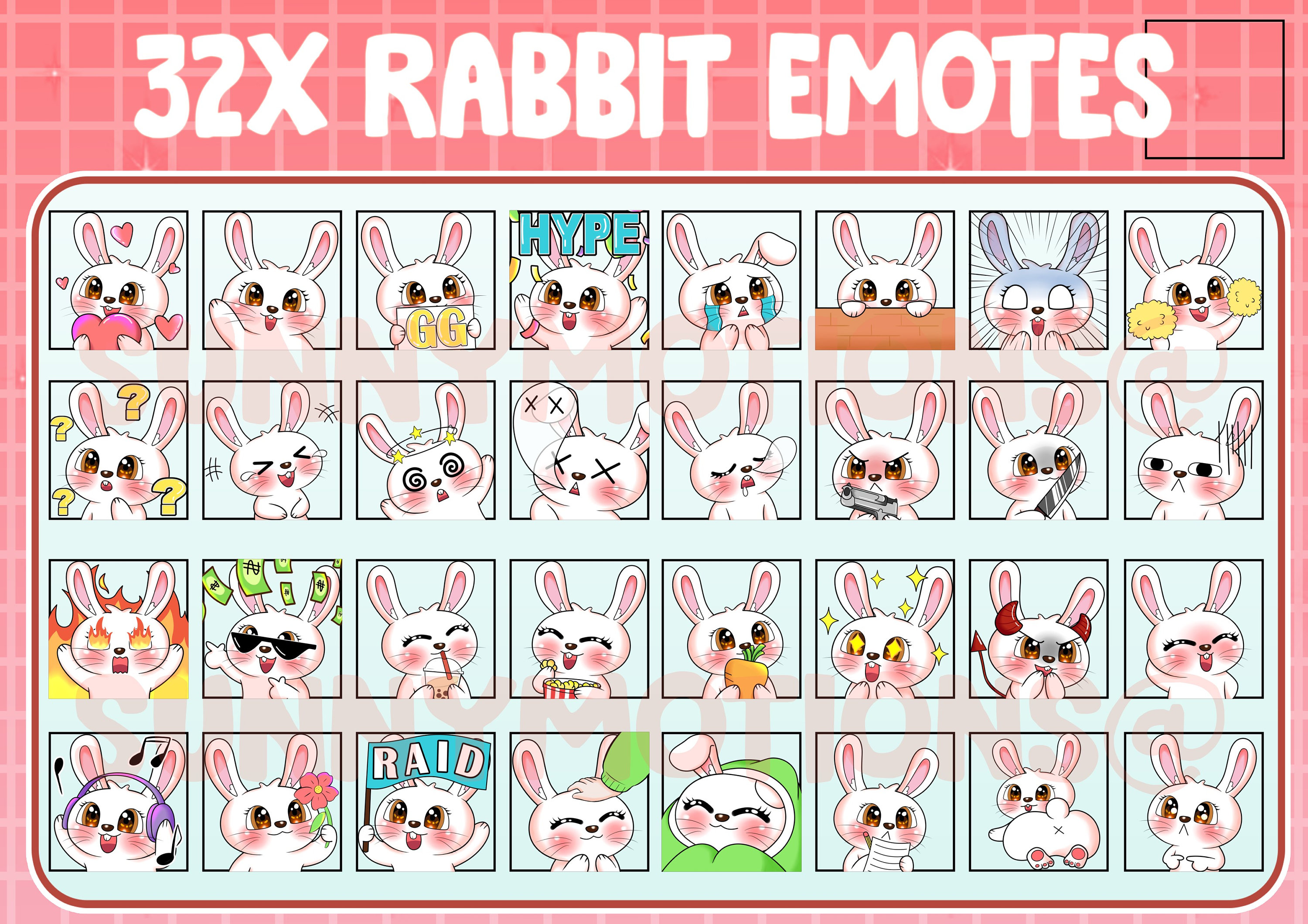 32 Cute Kawaii Rabbit Twitch Discord Emotes / Kawai Animal Emoji ...
