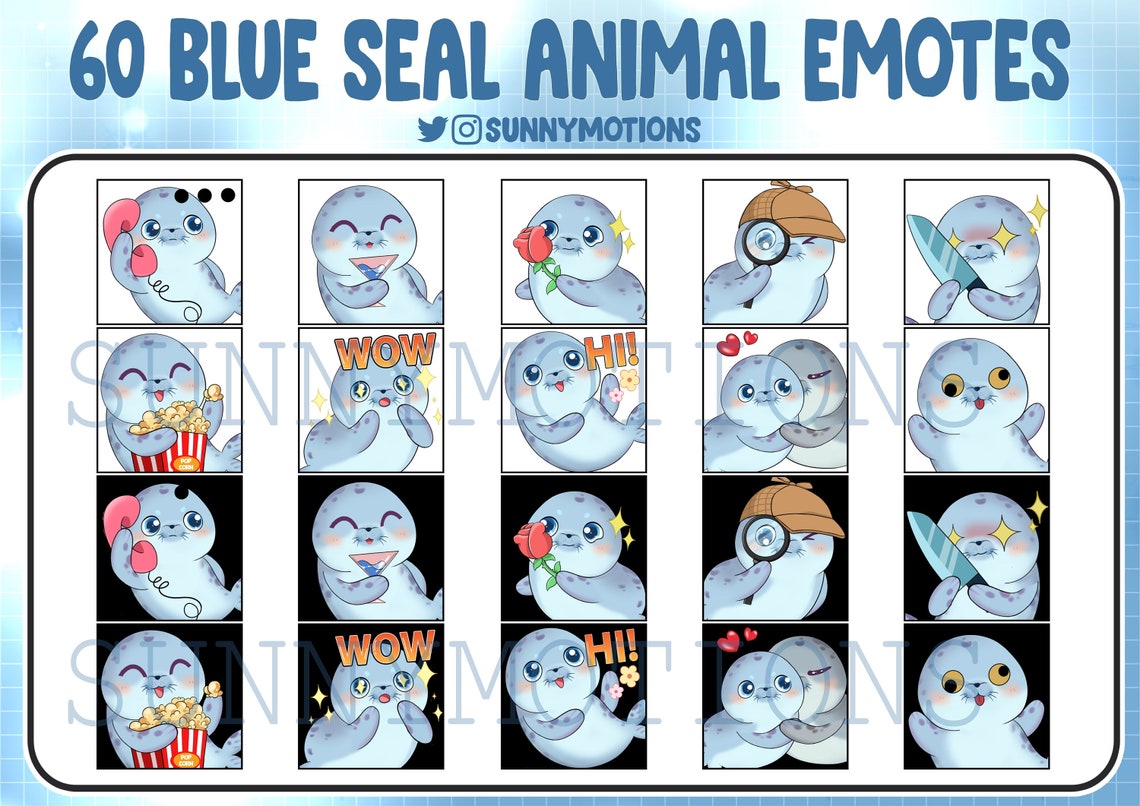 60 Cute Blue Seal Sea Animal Twitch Emotes Bundle, Discord, Streamer ...